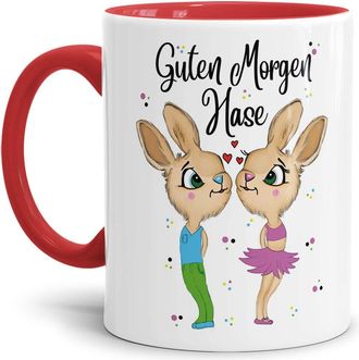 Tassendruck Tasse mit Spruch Hasenliebe - Guten Morgen Hase - Geschenk-Idee/S&uuml;&szlig;er Hase/Kaffee-Tasse/Ostern/Liebe - Innen & Henkel Rot