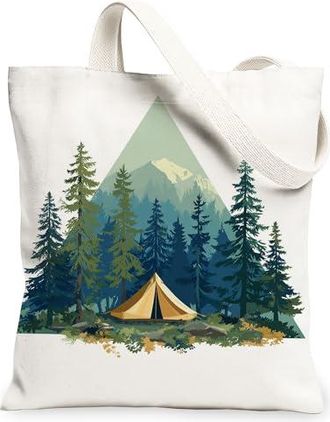 Generic Sacs fourre-tout en toile de camping nature, sacs r&eacute;utilisables imprim&eacute;s de tente de for&ecirc;t, sacs d&eacute;t&eacute; respectueux de lenvironnement, l&eacute;gers et lavable