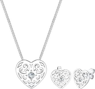 Elli Schmuckset Damen Herz Ornament Anhänger Modern mit Kristall aus 925 Sterling Silber