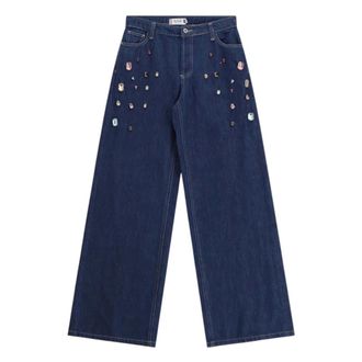 Please Femme, Jeans, Bleu, Taille: 38 FR Jean &Eacute;vas&eacute; avec Appliques de Pierres Pr&eacute;cieuses