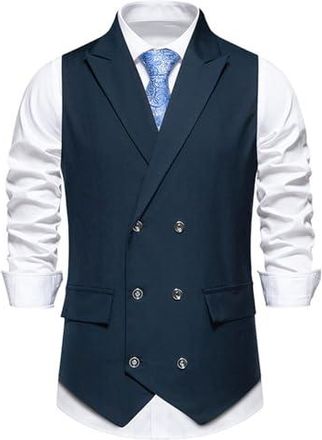 Generic Gilet de costume &agrave; double boutonnage pour homme, col en V, coupe ajust&eacute;e, gilet daffaires et &agrave; col &agrave; revers, gilet luxueux de couleur unie &eacute;l&eacute;gant et 