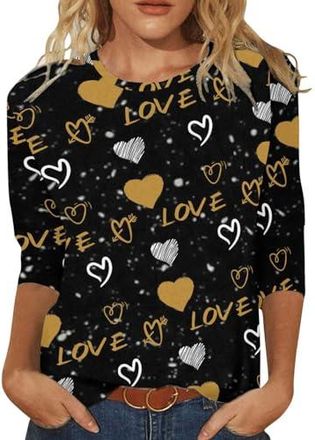 Generic 2026 T-shirt &agrave; col rond et manches trois-quarts pour femme avec imprim&eacute; floral confortable (2), dor&eacute;, XXL