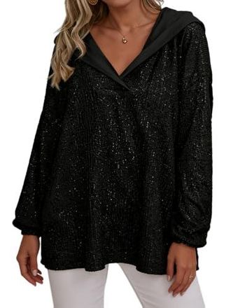 ORANDESIGNE Sweat Paillettes Femme Capuche Sweat &agrave; Capuche Paillettes Sweats Oversize Hoodie Col en V Manches Longues A Noir XXL