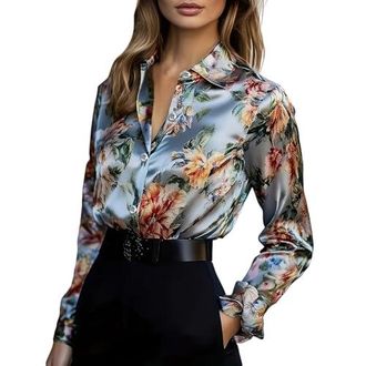 Generic Chemisier en satin élégant vintage à manches longues avec imprimé floral pour femme, bleu ciel, XXL