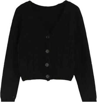 Generic Pull de printemps torsad&eacute; taille haute col en V bouton tendance couleur unie cardigan en tricot ample pour femme, Noir/blanc, XXL