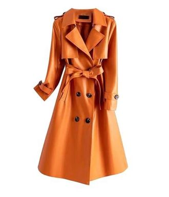 Generic Manteau Trench Femme Automne Hiver Cuir Peau de Mouton - Classique Revers Long Loose Oversize Veste avec Ceinture, Orange, M