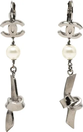 Chanel Faux Pearl Ribbon Knot Dangle Earrings