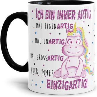 Tassendruck Einhorn-Tasse mit Spruch Immer Einzigartig - Unicorn/Geschenk-Idee/Freunde/Sterne/Innen & Henkel Schwarz