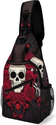 Generic Sacoche Tactique Roses rouges amusantes, chapeau magique, squelette, cr&acirc;nes en sucre du Jour des Morts Mode Sling Bag Multifonction Sac &agrave; Dos De Voyag