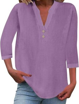 Generic Haut Henley &agrave; manches 3/4 et col en V avec ourlet incurv&eacute; pour femme, coupe d&eacute;contract&eacute;e, pour leggings, voyage, travail | Chemisier long doux et exte