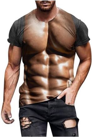 Generic T-shirt muscle amusant pour homme - Impression num&eacute;rique 3D - Manches courtes - Mode cool - Sport - Poils de poitrine - Imitation de la pression muscu