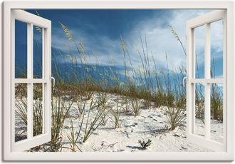 Artland Wanddeko Leinwand Bilder Wandbild Landschaften Strand Fotografie Blau Fensterblick Sanddüne und Gräser T6BR