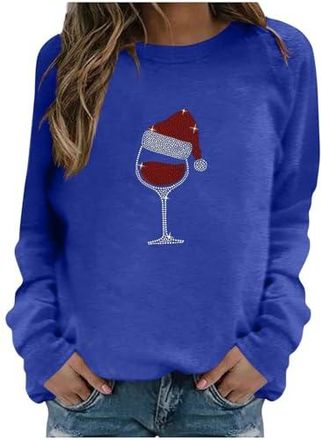 Generic Pull Noel,Pull Capuche Homme,Shirts de pour Filles, Shirt Graphique surdimensionn&eacute;, Tops &agrave; Verres &agrave; vin Rouge, Tops avec comme Loups (Blue, XL)
