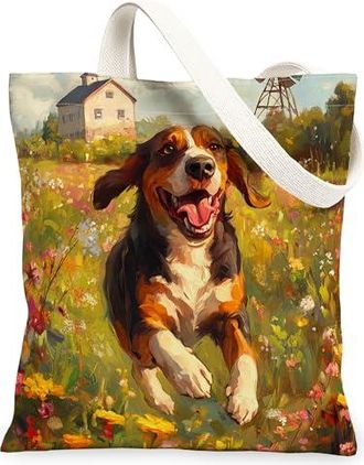 Generic Sac fourre-tout en toile motif chien coonhound printanier 33 x 38,1 cm, sac d&eacute;picerie r&eacute;utilisable pour femme, motif floral, plage, esth&eacute;tique, peintu