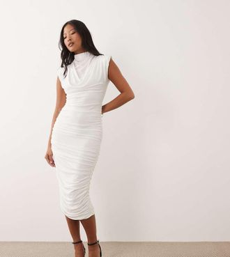 Tfnc Petite Robe mi-longue pr&egrave;s du corps &agrave; col montant et &eacute;paulettes avec d&eacute;tail drap&eacute; - Cr&egrave;me-Blanc