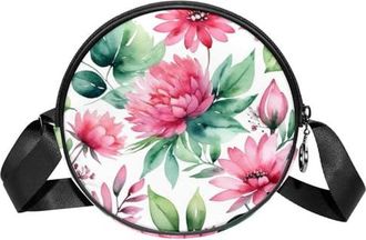 Generic Petit sac &agrave; bandouli&egrave;re circulaire pour femme, motif feuilles florales, sac &agrave; dos avec fermeture &eacute;clair, bretelles r&eacute;glables, sac &agrave; main rond d&eacute;contra