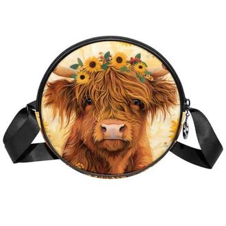 Generic Sac &agrave; bandouli&egrave;re rond pour femme, motif vache et tournesols avec fermeture &eacute;clair et bretelles r&eacute;glables