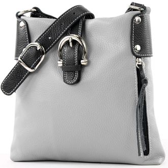 modamoda.de T04 - ital Umh&auml;ngetasche Schultertasche aus Leder, Farbe:Grau/Schwarz