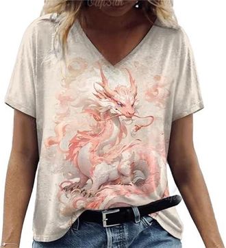 Keephen Tops Tuniques décontractés pour Femmes T-Shirt Vintage à col en V avec Dragon Chinois T Shirts Basiques décontractés à la Mode - Pull-Over Tops dété a