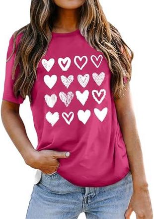Generic T-shirt graphique &agrave; manches courtes pour femme avec motif coeur pour la Saint-Valentin 2026, rose vif, XXL