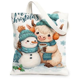 Generic Sacs fourre-tout en toile motif animal de No&euml;l, mignon bonhomme de neige, vache, sacs d&eacute;picerie, sacs d&eacute;picerie r&eacute;utilisables, vintage l&eacute;gers et lavab