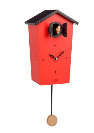 KooKoo Birdhouse rot, Moderne Design Kuckucksuhr mit 12 heimischen Vogelstimmen oder Kuckuck, Aufnahmen aus der Natur