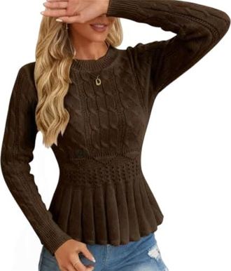 Generic Pull p&eacute;plum pour femme en tricot torsad&eacute;, d&eacute;contract&eacute;, col rond, coupe ajust&eacute;e, pull &agrave; volants en tricot torsad&eacute;, marron, XXL-6XL
