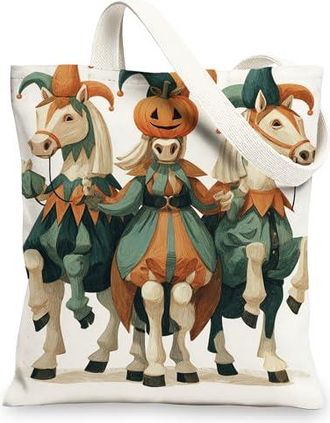 Generic Sacs fourre-tout en toile pour Halloween, motif citrouille, sacs dépicerie, réutilisables, légers, lavables avec bandoulière en toile, blanc, 13x15 In