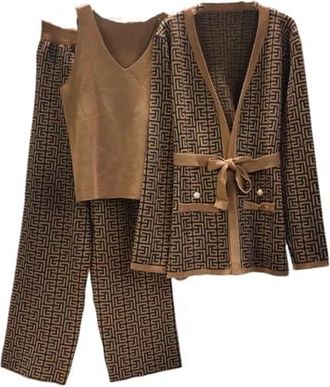 Generic Cardigan 3 pièces pour femme - Gilet sexy à manches longues - Châle - Cardigan - Jambe large - Pantalon tricoté, café, Taille unique