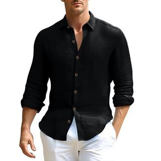 Generic Chemise formelle en lin &agrave; manches longues pour homme - Chemise boutonn&eacute;e en lin - Coupe ajust&eacute;e - Style d&eacute;contract&eacute; - Blanc - Col en V - T-shirt pour 