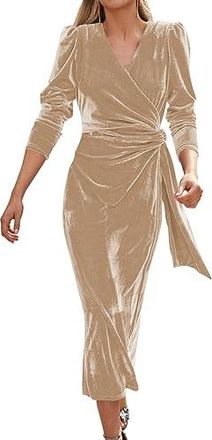 TOMWELL Robe Femme Manches Longues Sexy Col V Cocktail Soirée Affaires Vintage Slim Velours Longue Couleur Unie De Soiree A Abricot M