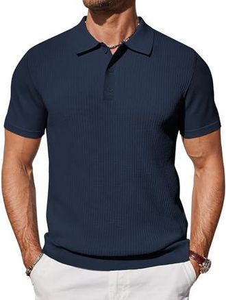 Coofandy Polo &agrave; Fermeture &Eacute;clair pour Hommes T-Shirt Polo en Tricot &agrave; Manches Courtes Chemises de Golf d&eacute;t&eacute; Bleu Fonc&eacute; L