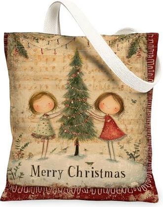 Generic Sacs fourre-tout en toile motif sapin de Noël, sacs dépicerie réutilisables, vintage, légers et lavables pour les voyages en plein air, Rouge, 13x15 I