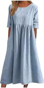 Generic Robe dext&eacute;rieur d&eacute;contract&eacute;e Basique en Coton smock&eacute; &agrave; col Ras du Cou et Poches pour Femme (Light Blue,TG)