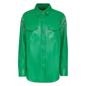 Philipp Plein Femme, Blouses et Chemises, Vert, Taille: 40 FR Chemise Oversize en Cuir Cristal