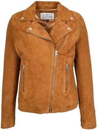 House Of Leather Veste de motard en daim véritable pour femme Lola, style moto classique, cognac, 38