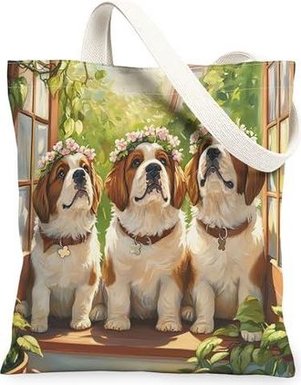 Generic Sac fourre-tout en toile motif chien du printemps Saint-Bernard 33 x 38,1 cm, sac r&eacute;utilisable &agrave; motif imprim&eacute; de plantes en pot pour femme, animal de