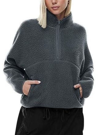 Generic Chandail court en polaire pour femme avec demi-fermeture &eacute;clair et poches, gris fonc&eacute;, XXL