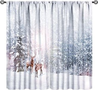 Generic Vorhang Blickdicht Gardinen Wohnzimmer Mit Ösen 3D Digitaldruck Winterschneeberg Weihnachten Verdunkelungsvorhang 300 (B) X 280 (H) cm Ösenschal 2Er S