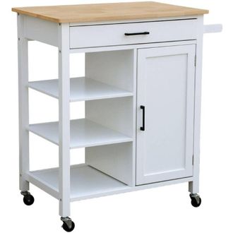 Sweeek Desserte de cuisine blanche bendor plateau en bois dh&eacute;v&eacute;a, 83 x 47 x 91 cm, 1 poign&eacute;e, 4 roues, 1 tiroir, 5 &eacute;tag&egrave;res, 1 porte, style contemporain