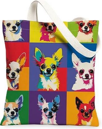 Generic Sac fourre-tout en toile Pop Art Chihuahua pour faire du shopping, 33 x 38,1 cm, motif chiot abstrait amusant et amusant, sac d&eacute;picerie r&eacute;utilisable p