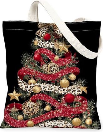 Generic Sacs fourre-tout en toile motif sapin de No&euml;l, sacs de courses r&eacute;utilisables, &eacute;l&eacute;gants, vintage, l&eacute;gers, lavables, Noir/blanc, 13x15 Inch