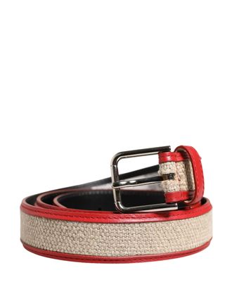 Dolce & Gabbana Men Beige Red Woven Leather Metal Buckle Belt Linen Calf