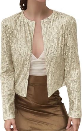 Generic Blouson bomber &agrave; paillettes &agrave; manches longues et fermeture &eacute;clair pour femme avec poches, tenue de f&ecirc;te scintillante, champagne, 3XL