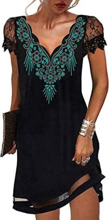 Onsoyours Robe en Dentelle Femme Manches Courtes Évider Robe Ample Décontractée Sexy Col en V Dress Robes De Cocktail Party Soirée 11 Noir XL