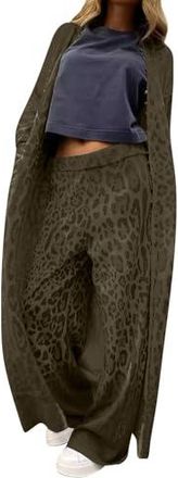 Generic Pantalon Fluide Femme Taille Elastique Ensemble Deux pièces Veste Cardigan à Manches Longues et Pantalon imprimé léopard pour Femme Portefeuille Long 
