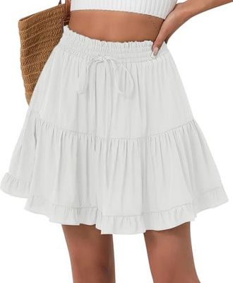 Feoya Femme Jupe À Volants Taille Haute Courte Jupes Plissée Été Boho Mini Jupe de Plage avec Short Vacances Ruffle Skirt Blanc M
