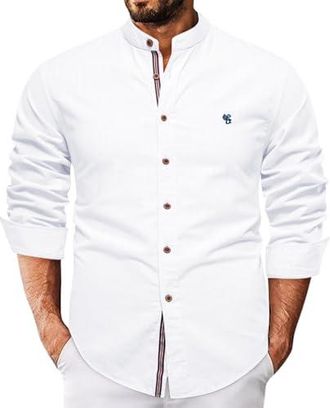 Generic Chemise daffaires boutonnée pour homme en coton et lin de couleur unie sergé coupe classique coupe ajustée manches longues avec poche robe formelle ch