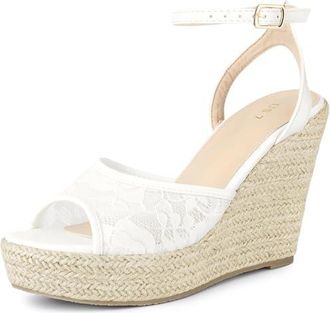 Allegra K Sandales &agrave; talons compens&eacute;s en dentelle avec sangle de cheville pour femme, blanc, 39.5 EU
