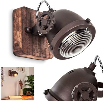 HOFSTEIN Wandleuchte Herford, 1-flammige Zimmerlampe in Metall und Holz in Braun mit Glasschirm, Spot ist dreh- und schwenkbar, 1 x GU10, ohne Leuchtmittel